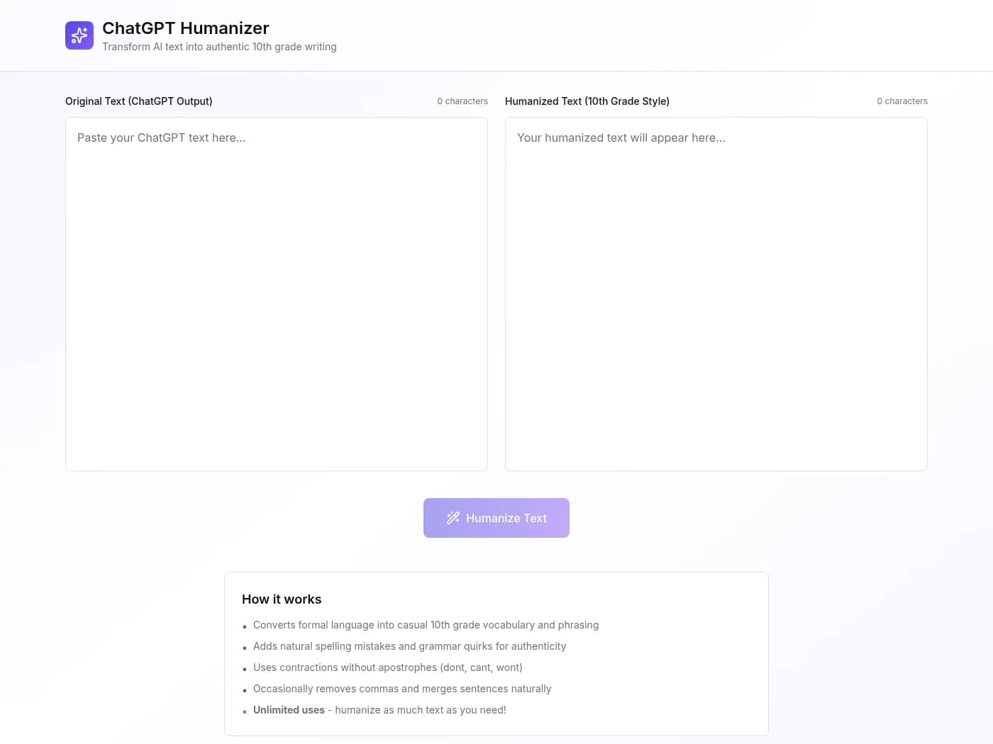Humanized ChatGPT Text Generator: 10th Grade Style