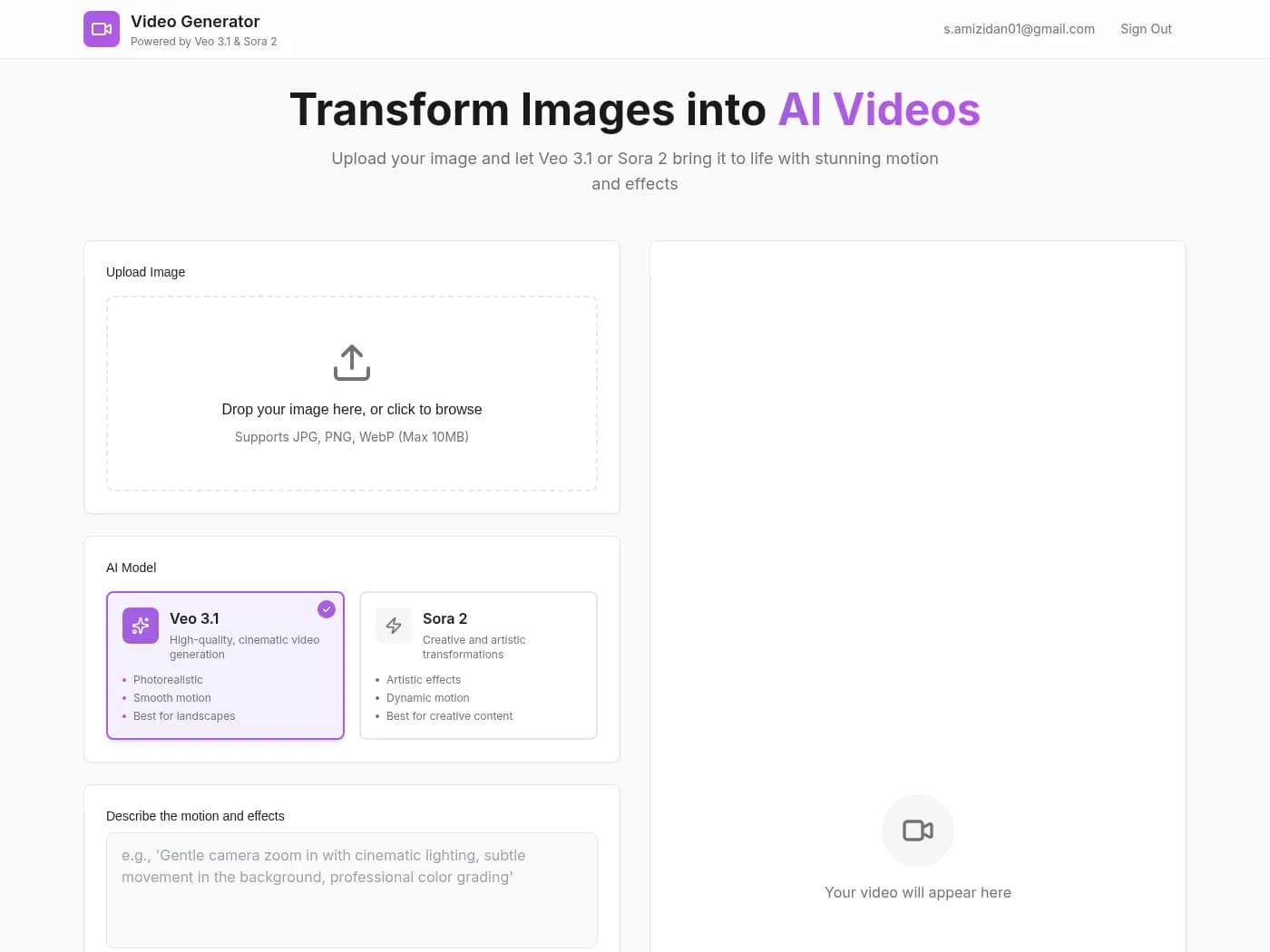 Image-to-Video Generator using Veo 3.1 & Sora 2