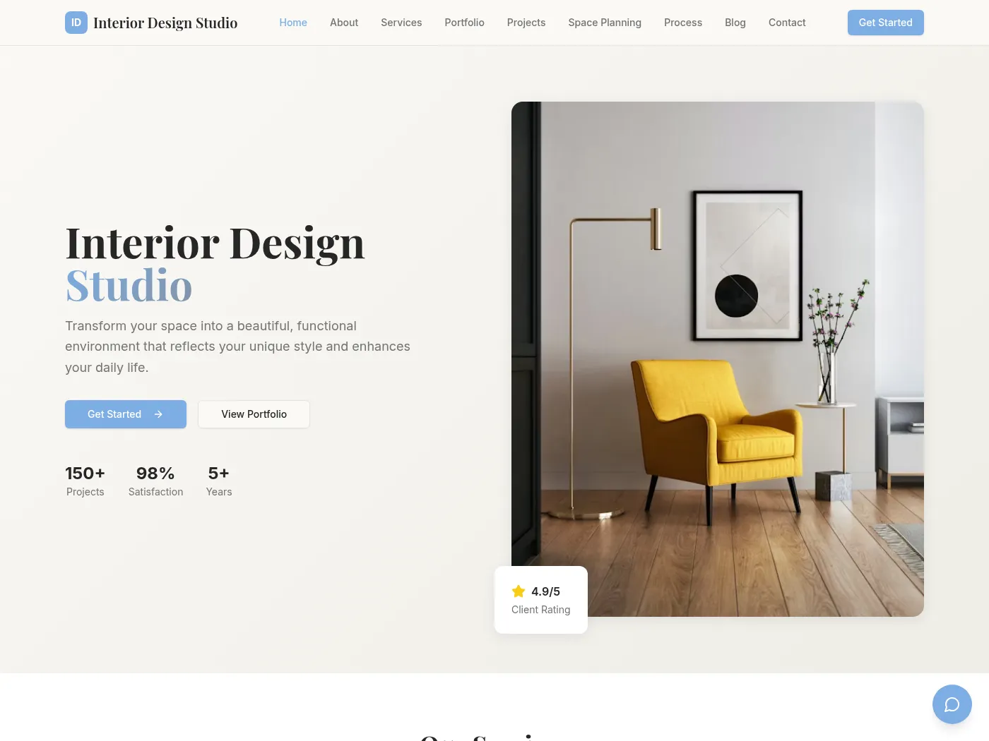 Immersive 3D Interior Design Studio Website