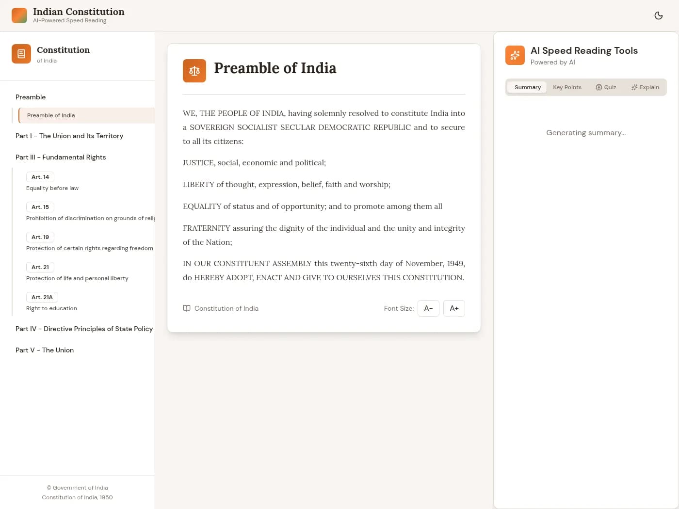 Indian Constitution Laws Book with Speed Read AI Tools