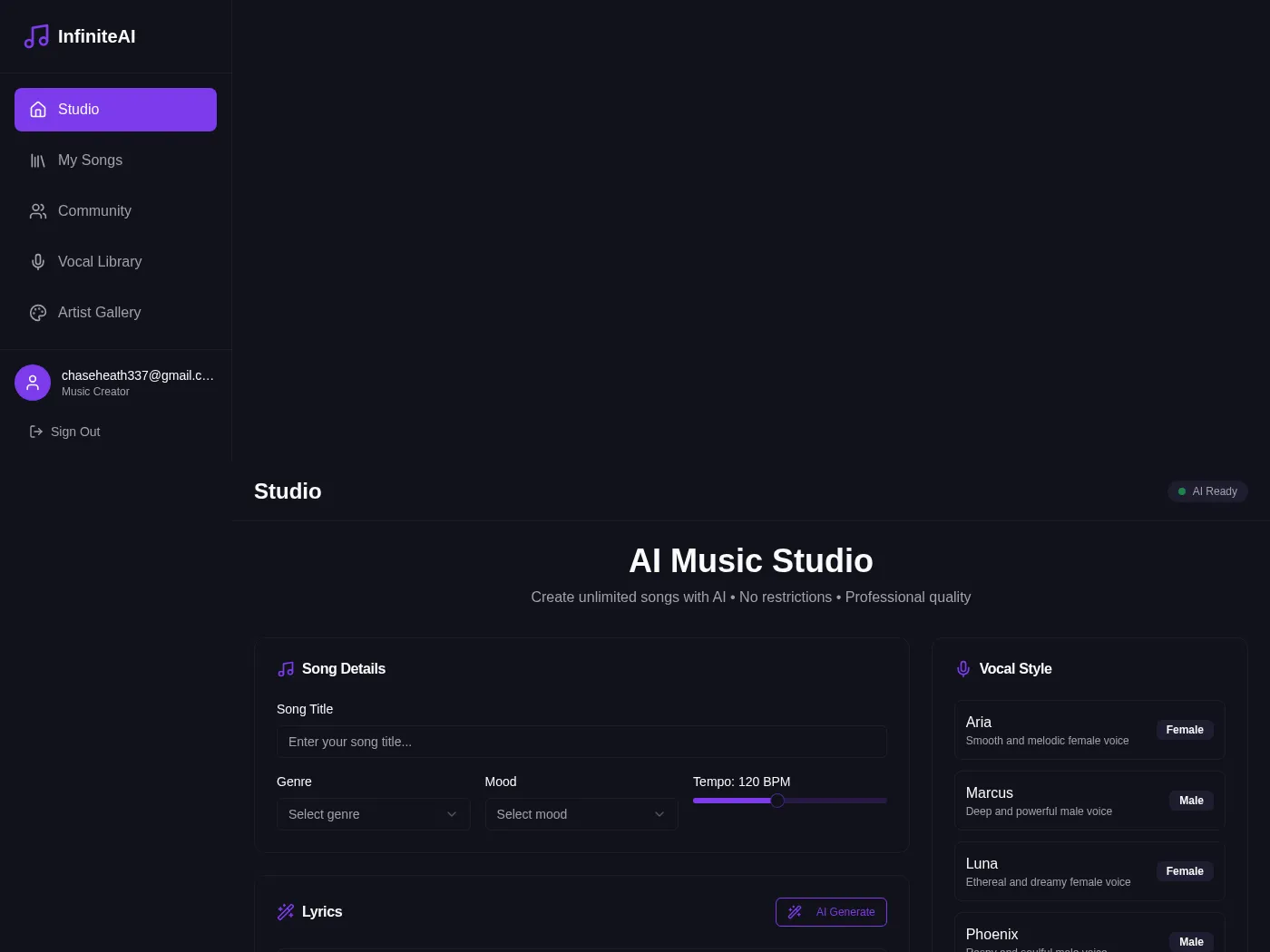 InfiniteAI Music Studio: Unlimited AI-Powered Song Creation Platform