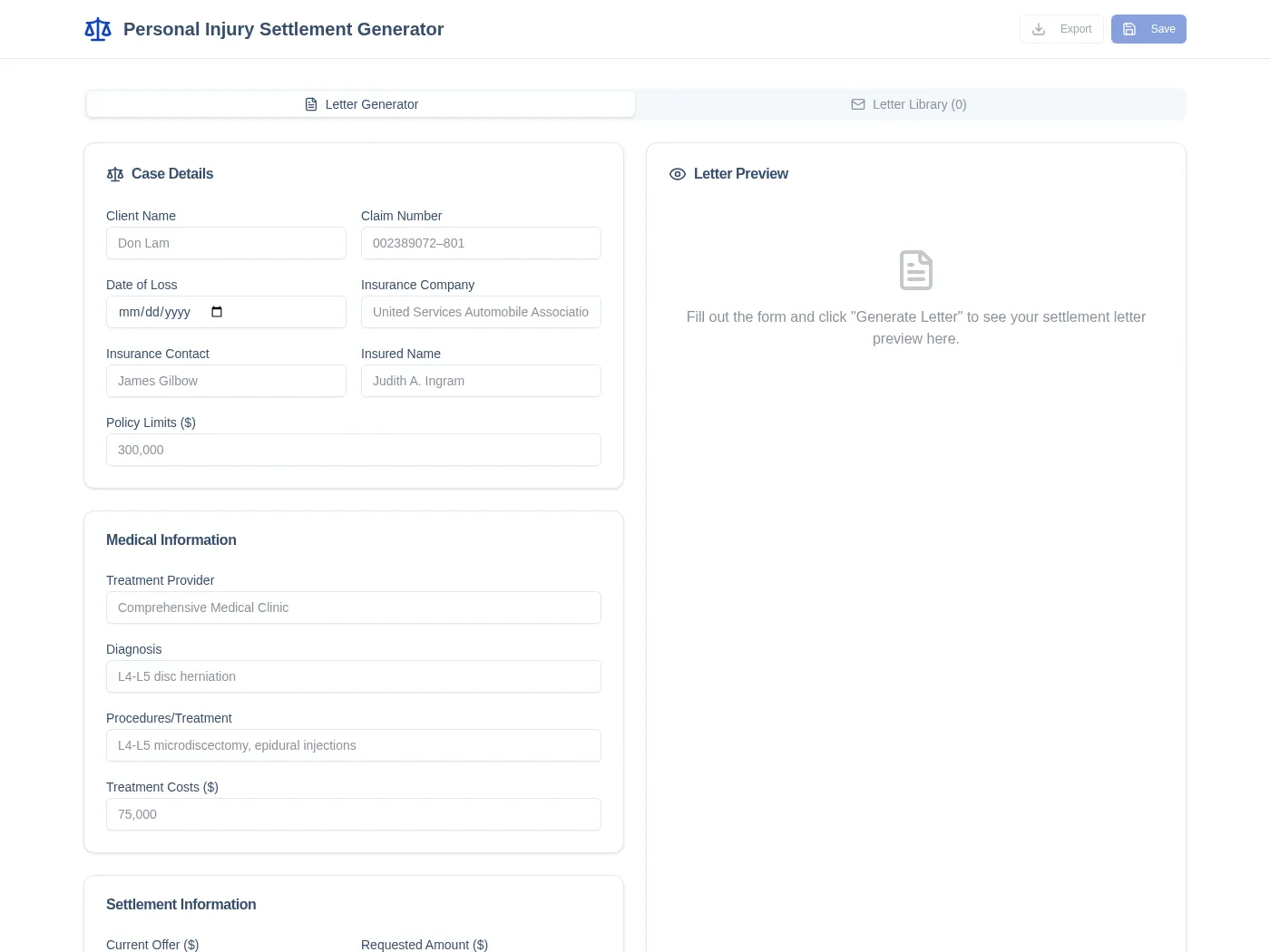 Personal Injury Settlement Communication Generator