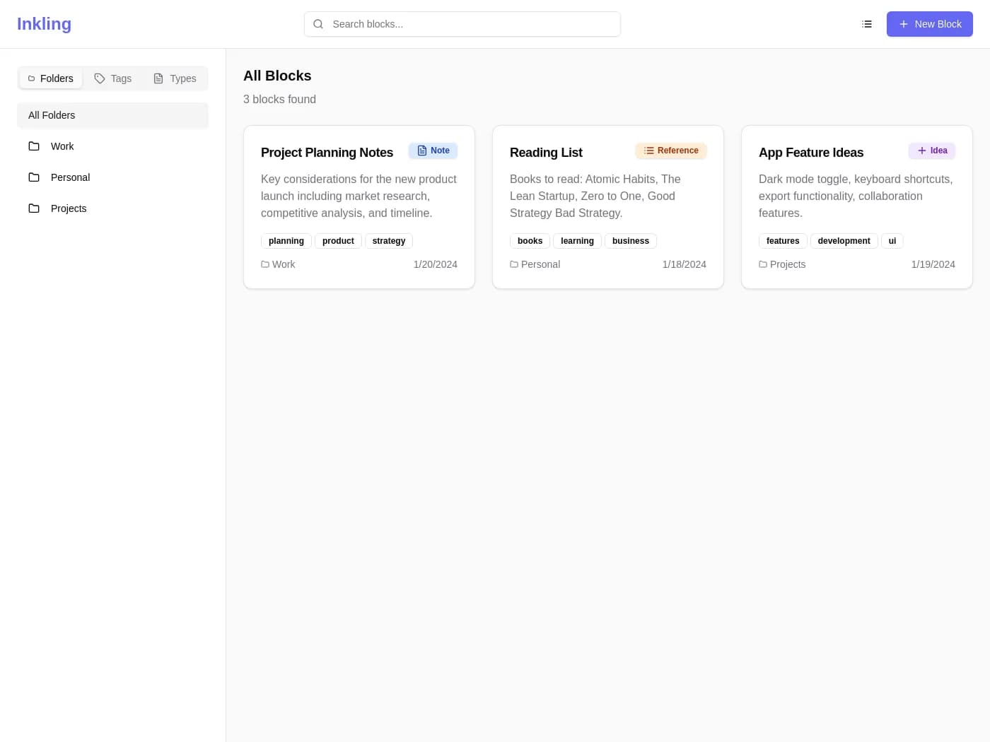 Inkling - Simple Block-Based Knowledge Management App