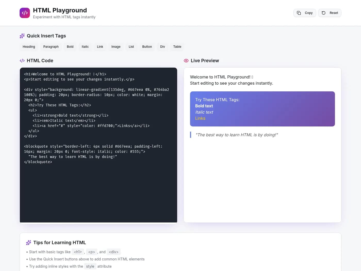 Instant HTML Tag Playground Website