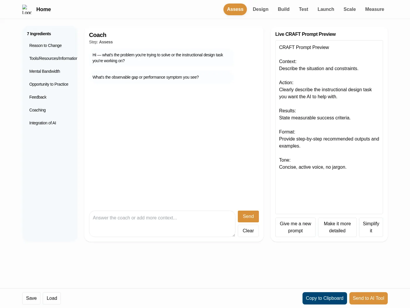 Instructional Design Prompt Coach – AI Assistant for CRAFT Prompts & 7 Ingredients