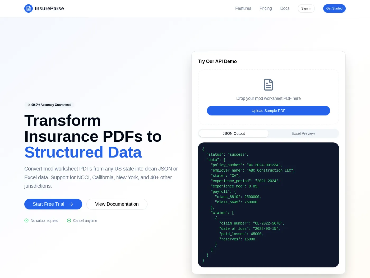 InsureParse Landing Page & API Showcase