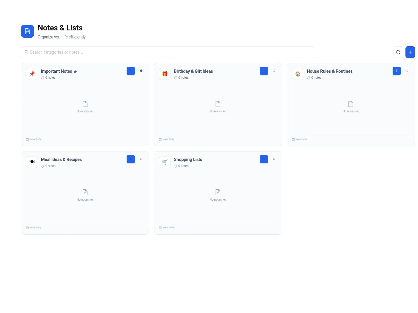 Integrated Family Notes & Lists Dashboard