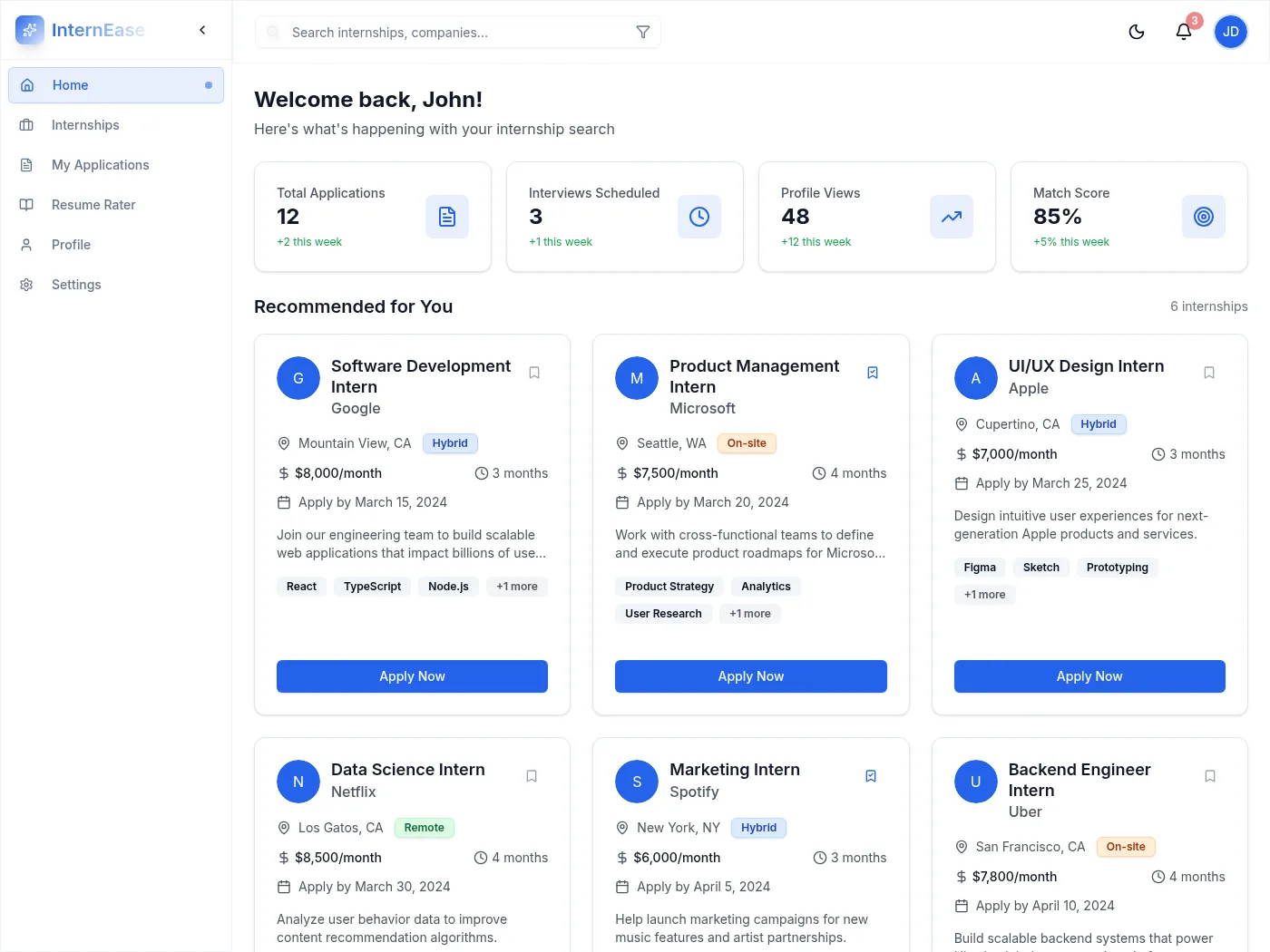 InternEase: AI-Powered Internship Recommendation Dashboard