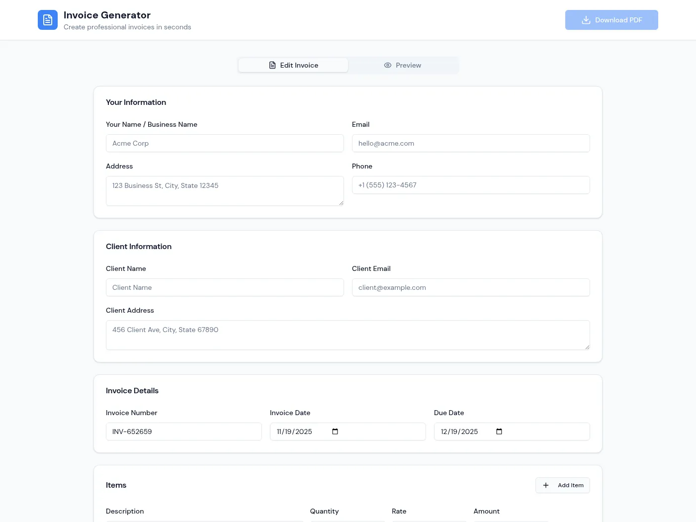 Invoice PDF Generator Tool