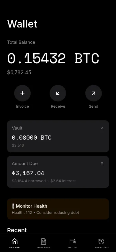 Invoiced: Futuristic Bitcoin Invoicing & Borrowing Mobile Dashboard for Freelancers