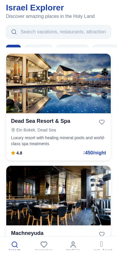 Israel Explorer: Vacation & Dining Search Mobile App