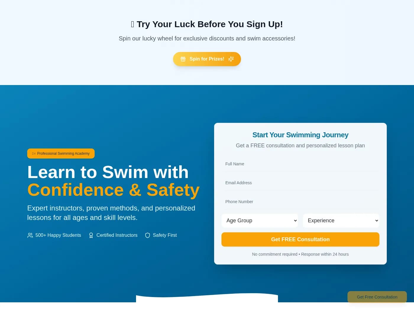 Lead Conversion Landing Page for iSwim Academy