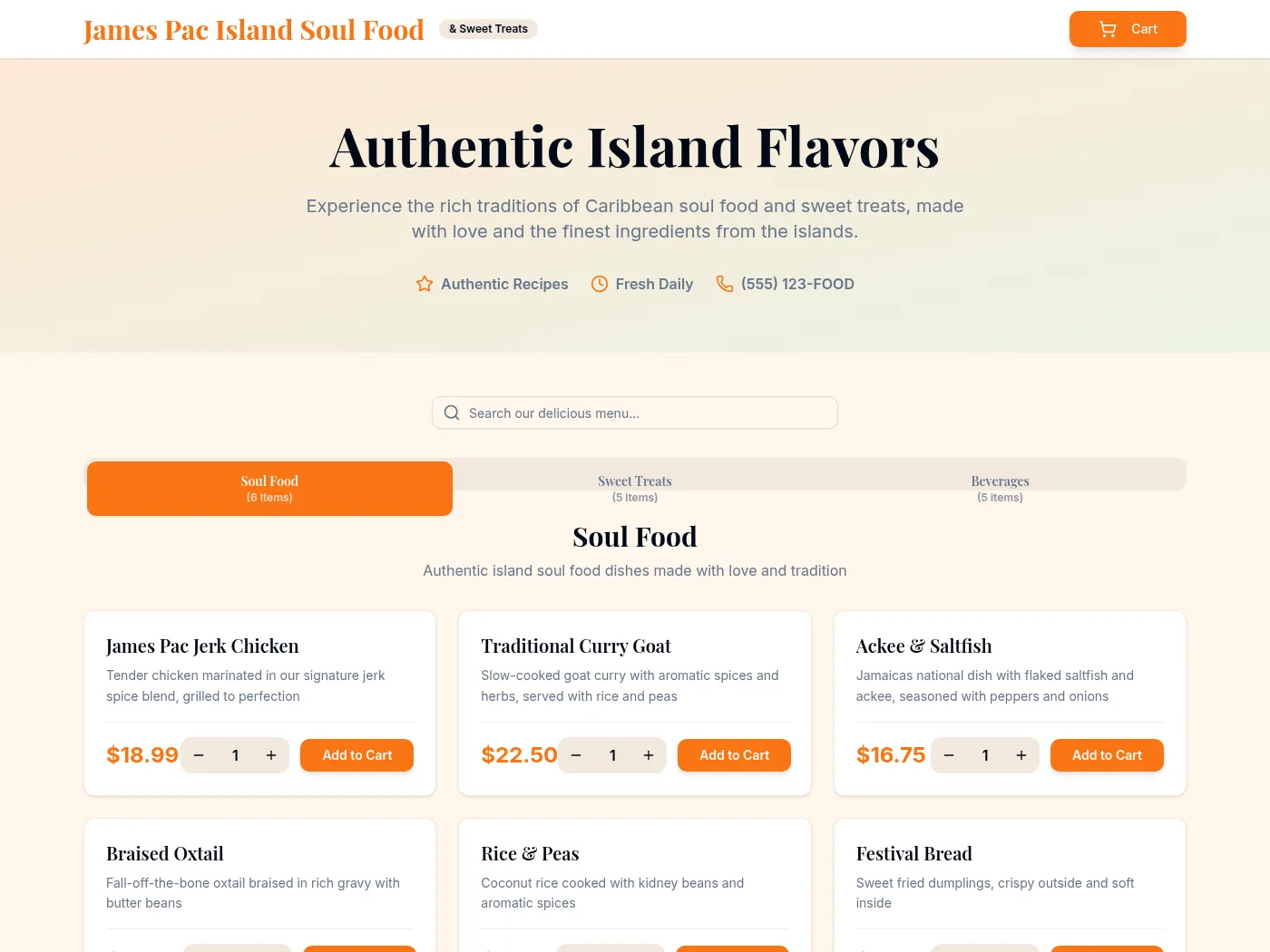 James Pac Island Soul Food & Sweet Treats Web Menu