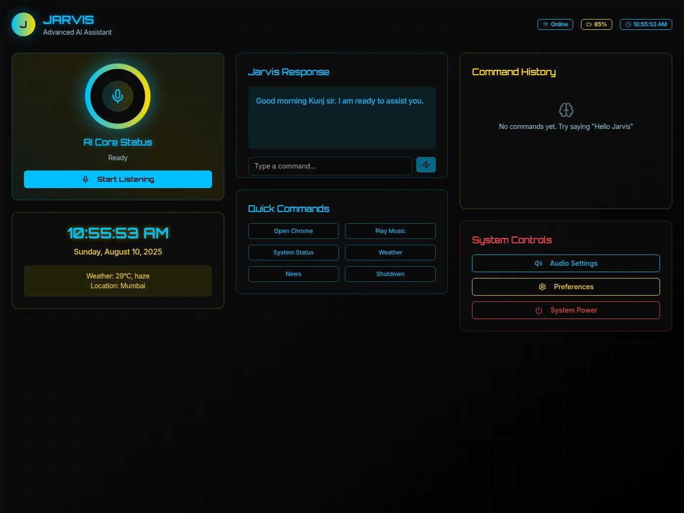 Jarvis Advanced AI Assistant for Windows (Hinglish, Voice-Controlled, Iron Man–Style)