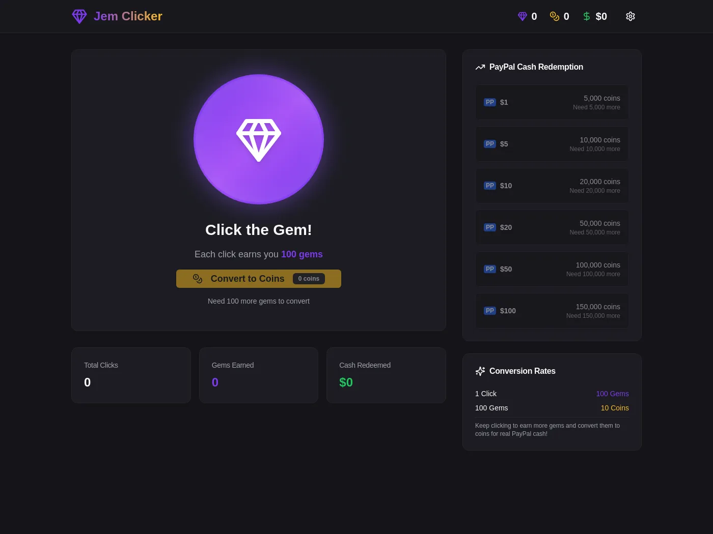 Jem Clicker - Gem Clicking and Coin Redemption Game