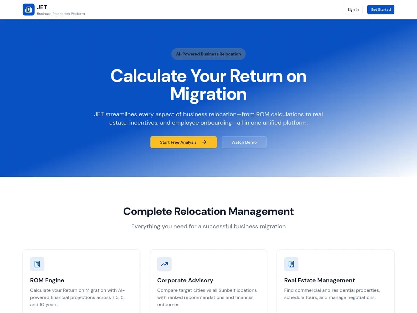 JET: AI-Powered Business Relocation & Return on Migration (ROM) Management Platform