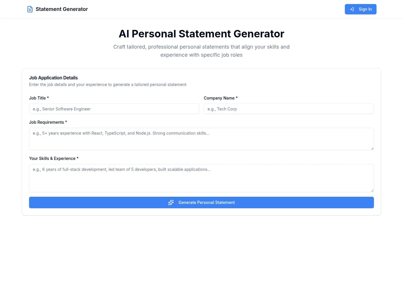 Job Application Personal Statement Generator