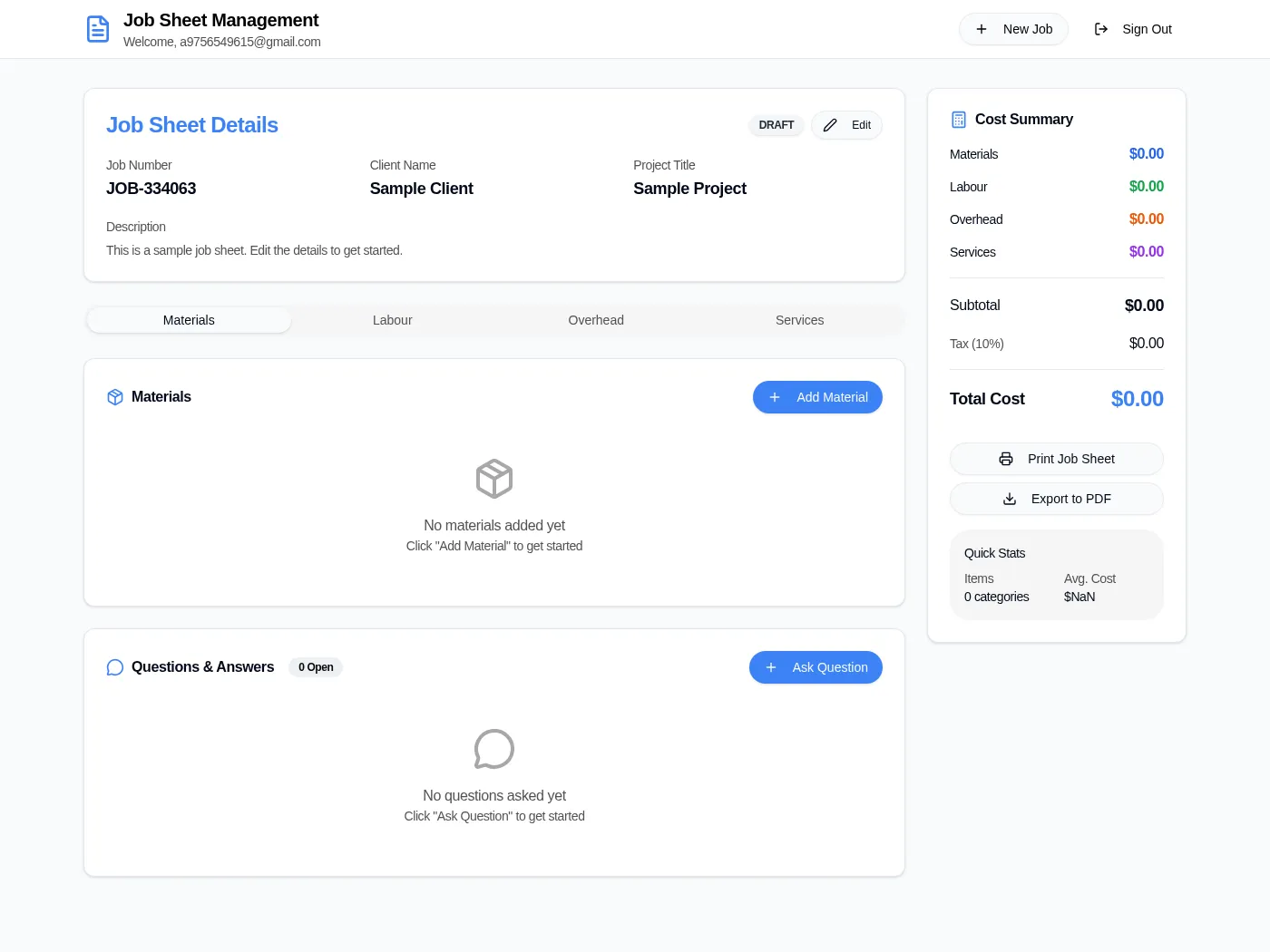 Job Sheet Management Page with Modular Components