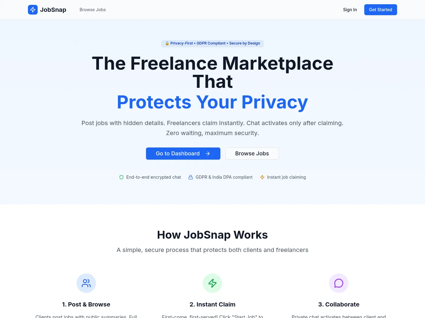 JobSnap: Secure, Privacy-First Freelance Marketplace with Instant Job Claiming