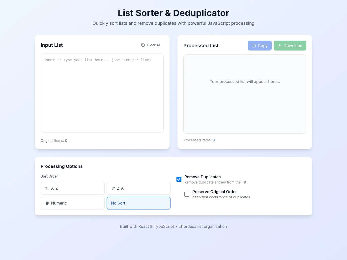 List Sorter and Duplicate Remover for JavaScript