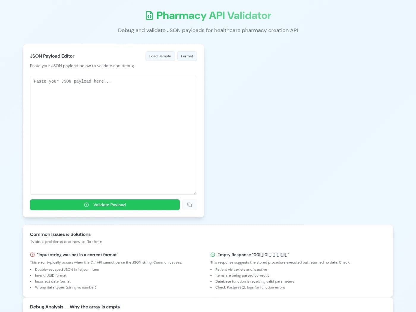 JSON Payload Validator and Debugger for Healthcare Pharmacy Creation API