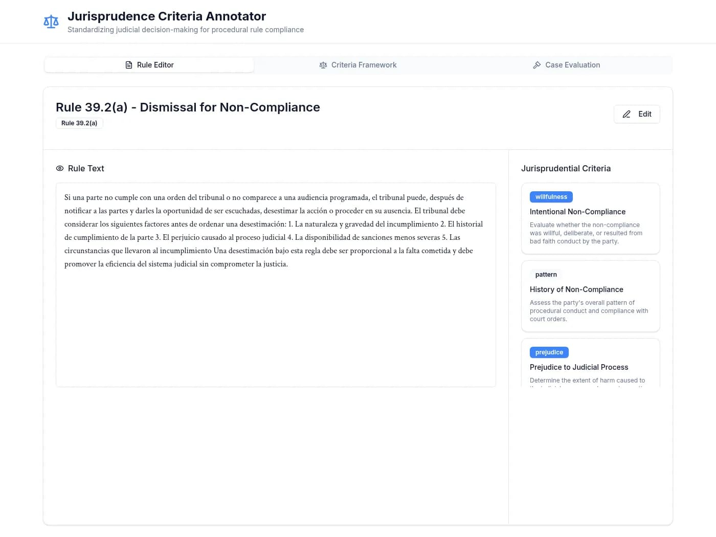 Jurisprudence Criteria Annotator for Procedural Rules
