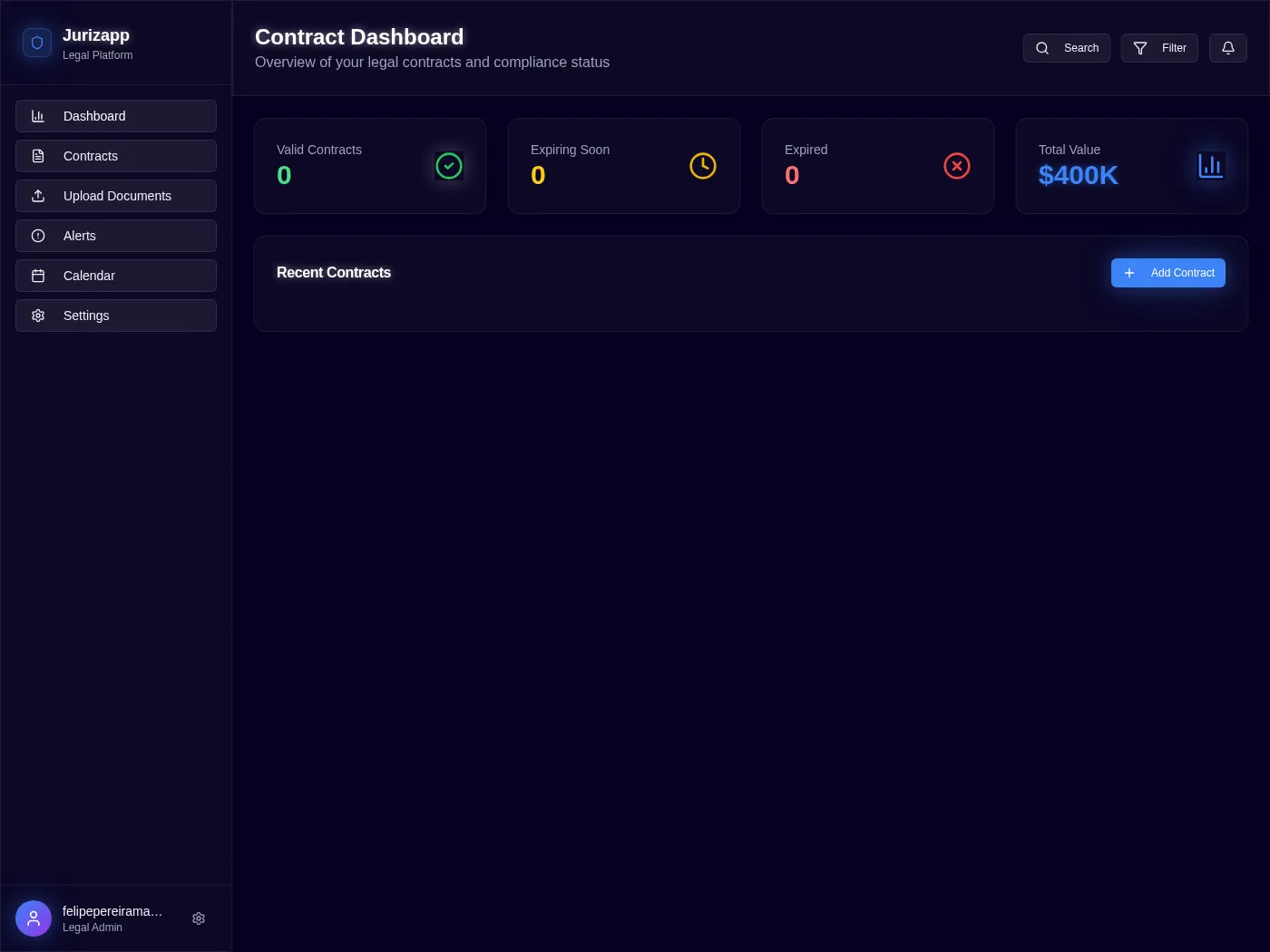 Jurizapp B2B MVP Futuristic Legal Dashboard