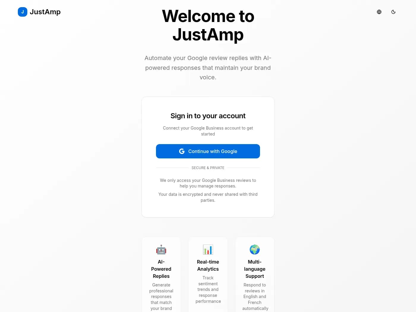 JustAmp: Apple-Inspired Bilingual SaaS UI for Automated Google Review Replies