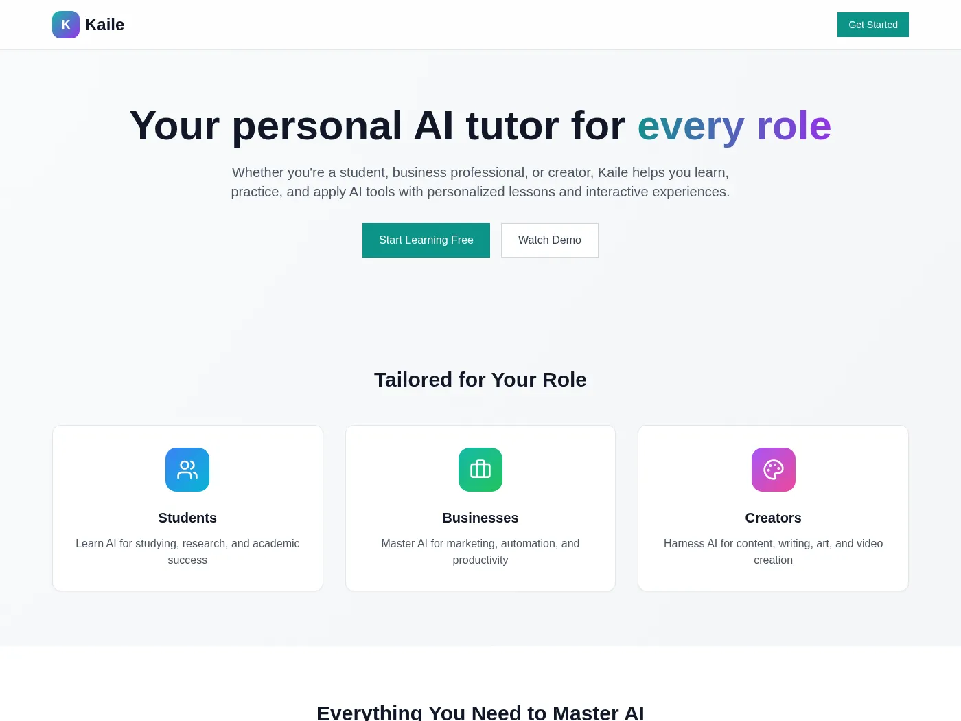 Kaile: Personalized AI Tutor SaaS for Students, Businesses, and Creators