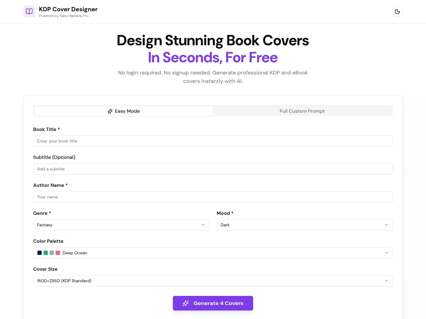 Nano Banana Pro KDP/eBook Cover Designer – Free, No Login, Instant Covers
