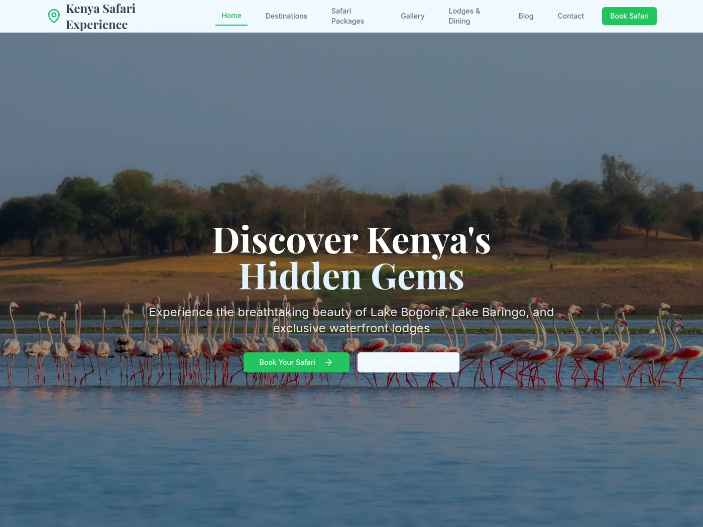 Kenya Safari Experience Website – Explore Lake Bogoria & Baringo with Waterfront Lodges and Dining
