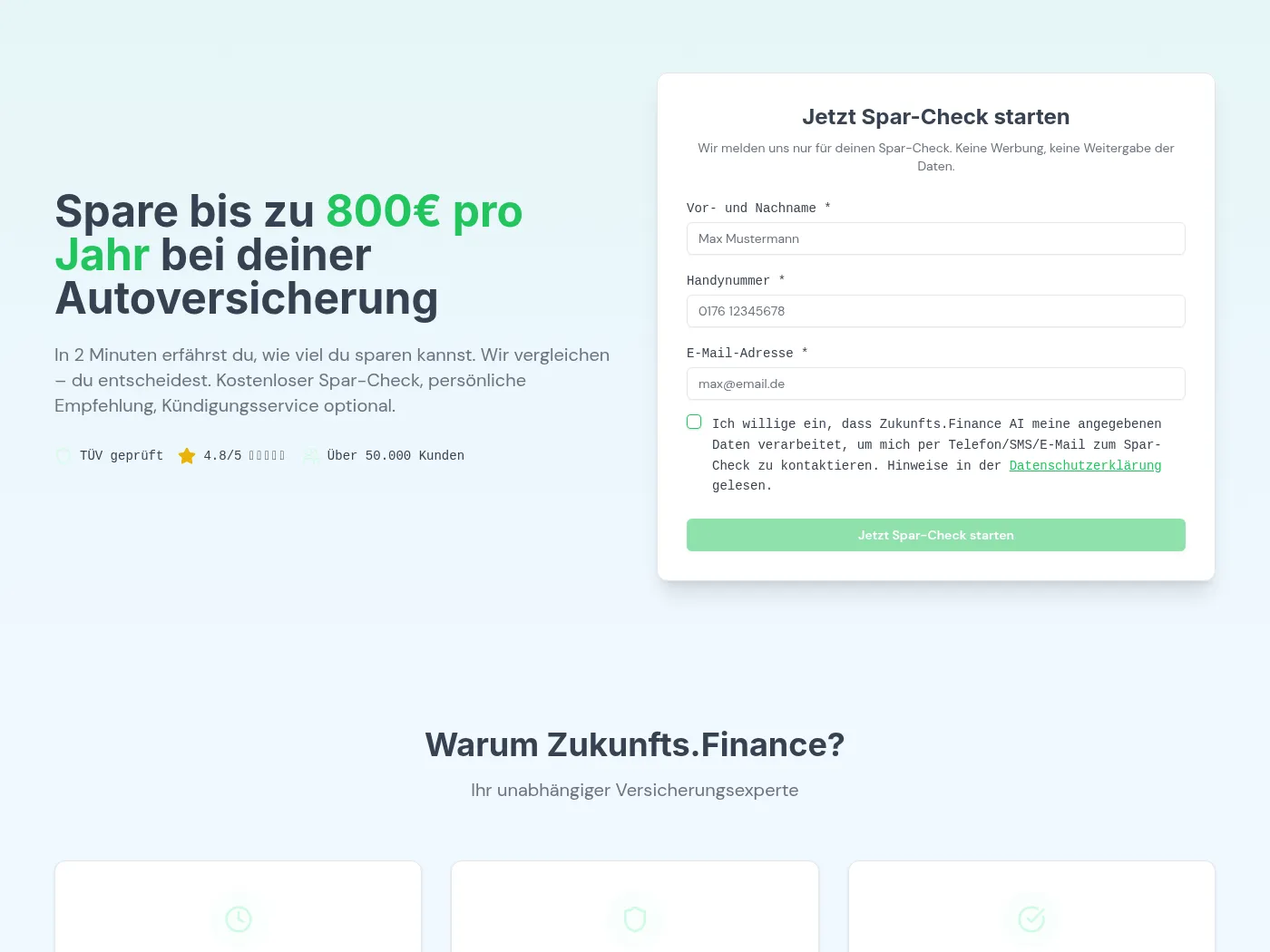 Landingpage mit KI für Kfz-Versicherungs-Spar-Check mit DSGVO und Lead-Routing