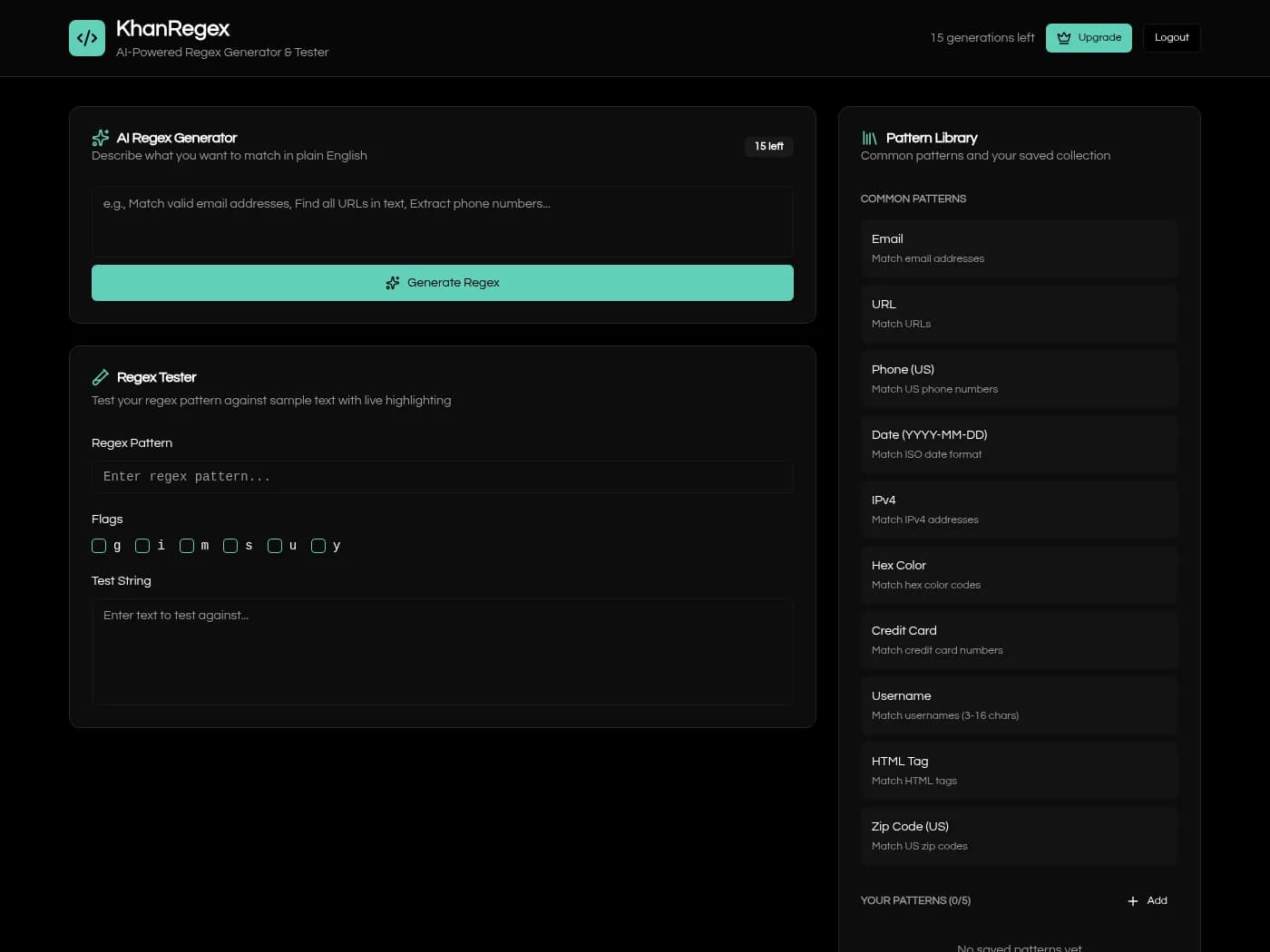 KhanRegex - AI-Powered Regex Generator & Tester