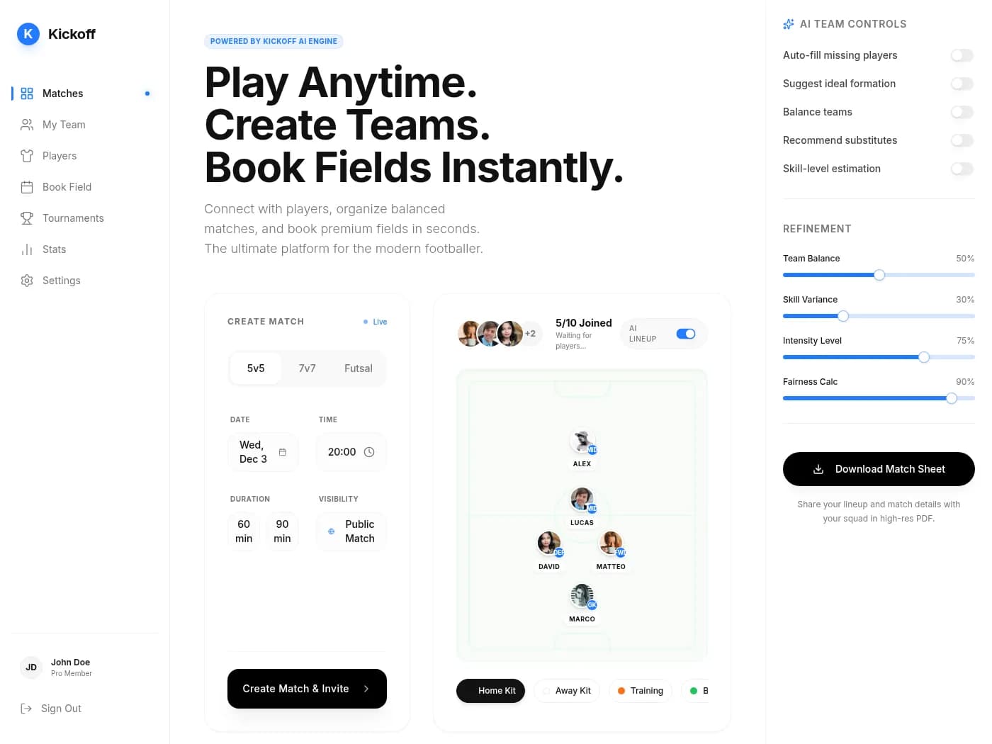 Kickoff – Ultra-Premium Minimal Platform for Football Players & Field Managers
