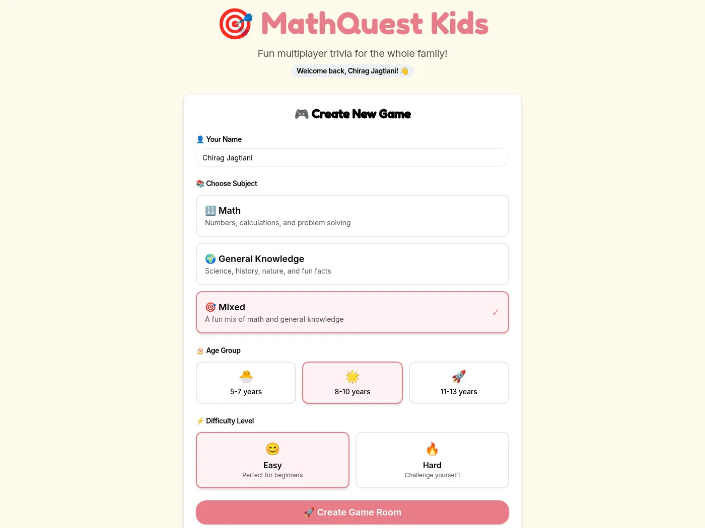 Kid-Friendly Multiplayer Math Trivia Website