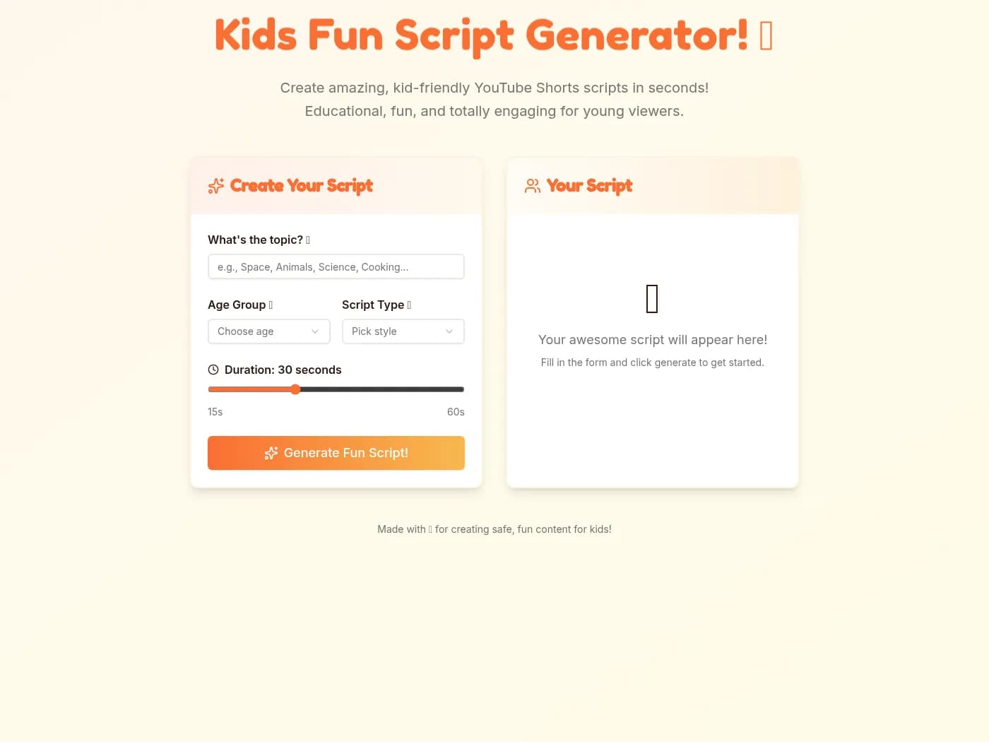 Kids Fun YouTube Shorts Script Generator