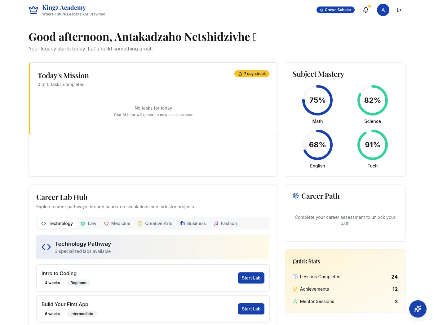 Kingz Career Academy: AI-Driven Online School for Future Leaders (Web & Mobile)