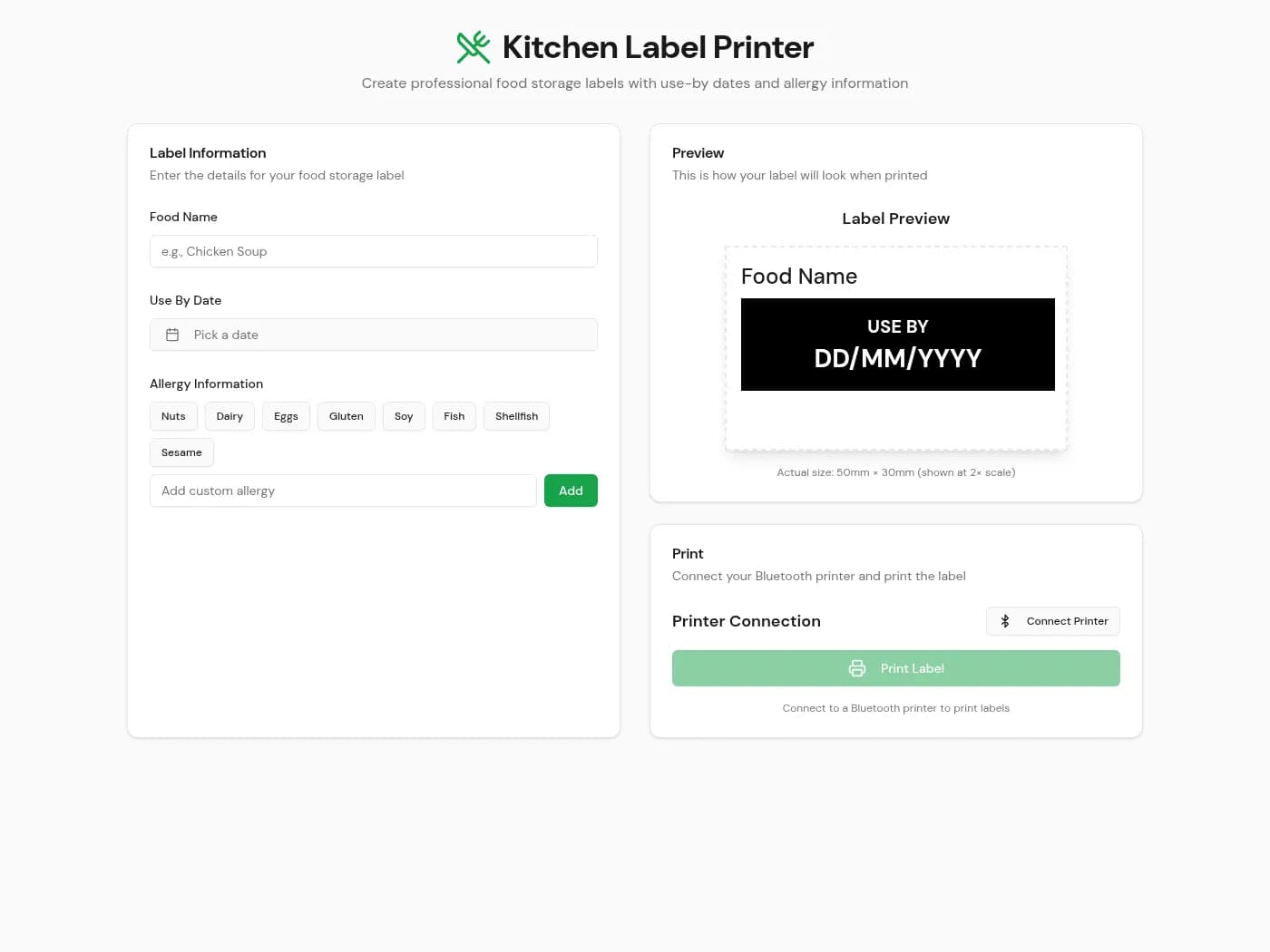 Kitchen Food Storage Label Printer App