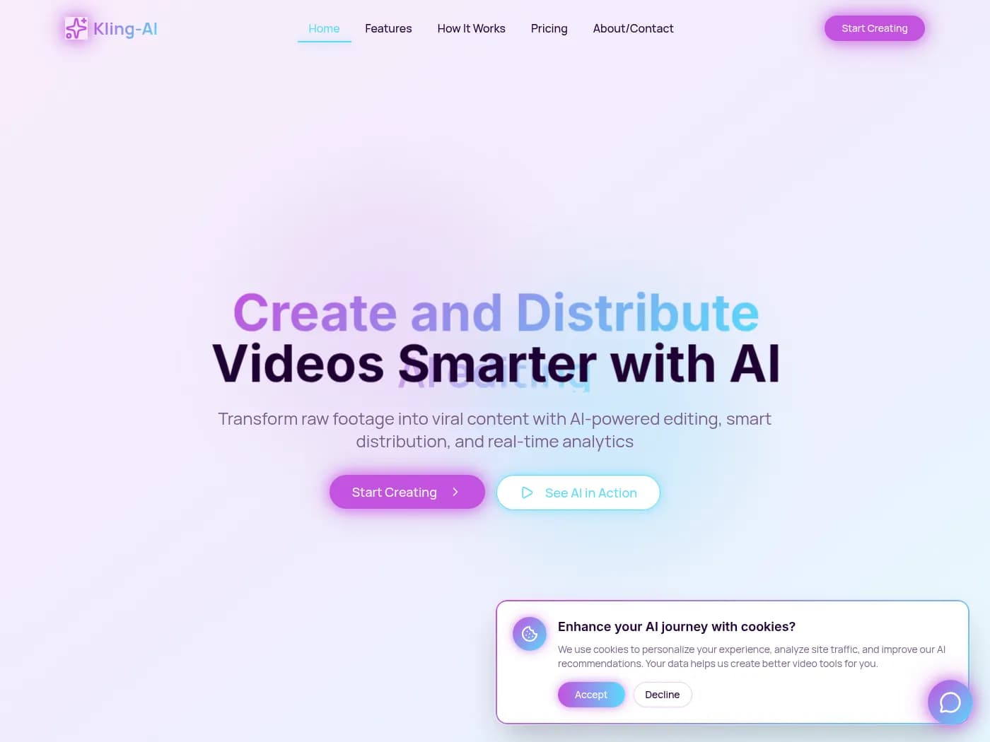 Kling-AI.net Website – Multi-Page AI Mobile App Marketing Site with Animations & Glowing UI