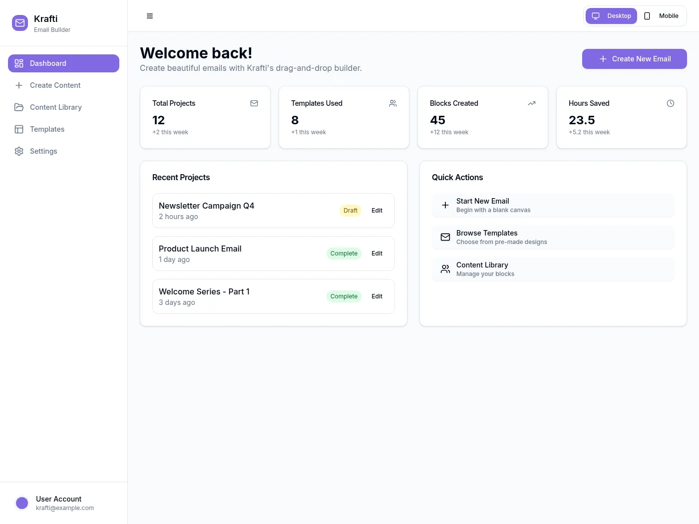 Krafti: Drag-and-Drop Email Builder with External HTML Blocks