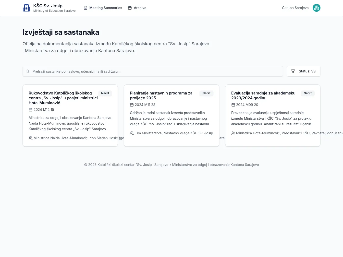 Meeting Summary App for KŠC Sv. Josip and Ministry of Education, Sarajevo