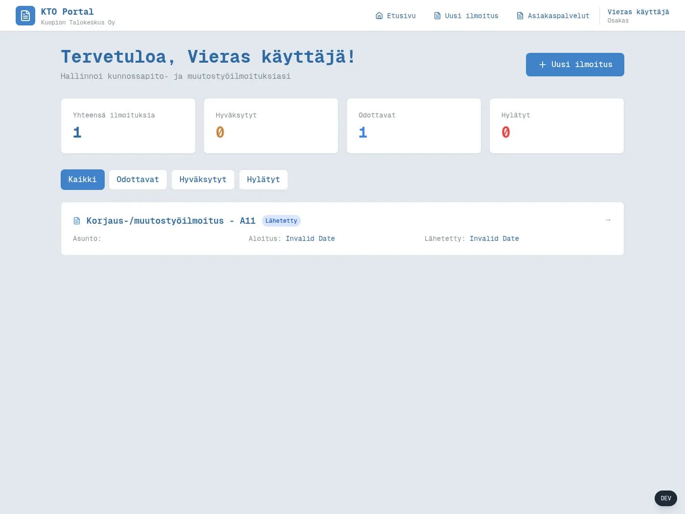 Kunnossapito- ja muutostyöilmoitusportaali Kuopion Talokeskus Oy:lle