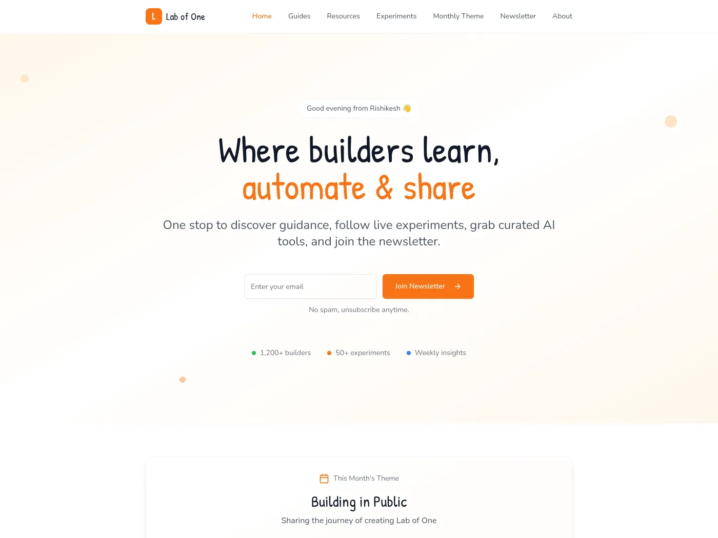 Lab of One – Builder Hub & Experiment Tracker