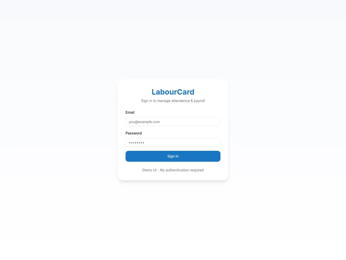 LabourCard Dashboard – Minimalist Web UI for Construction Attendance & Payroll