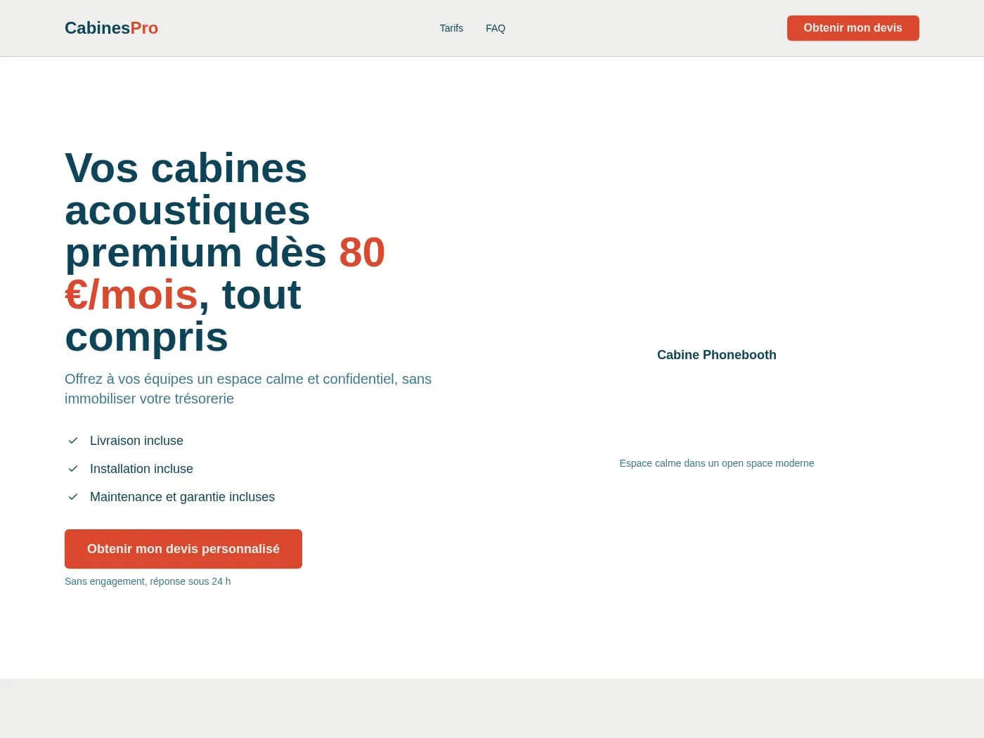 Landing page B2B cabines acoustiques — conversion rapide, design minimaliste & français