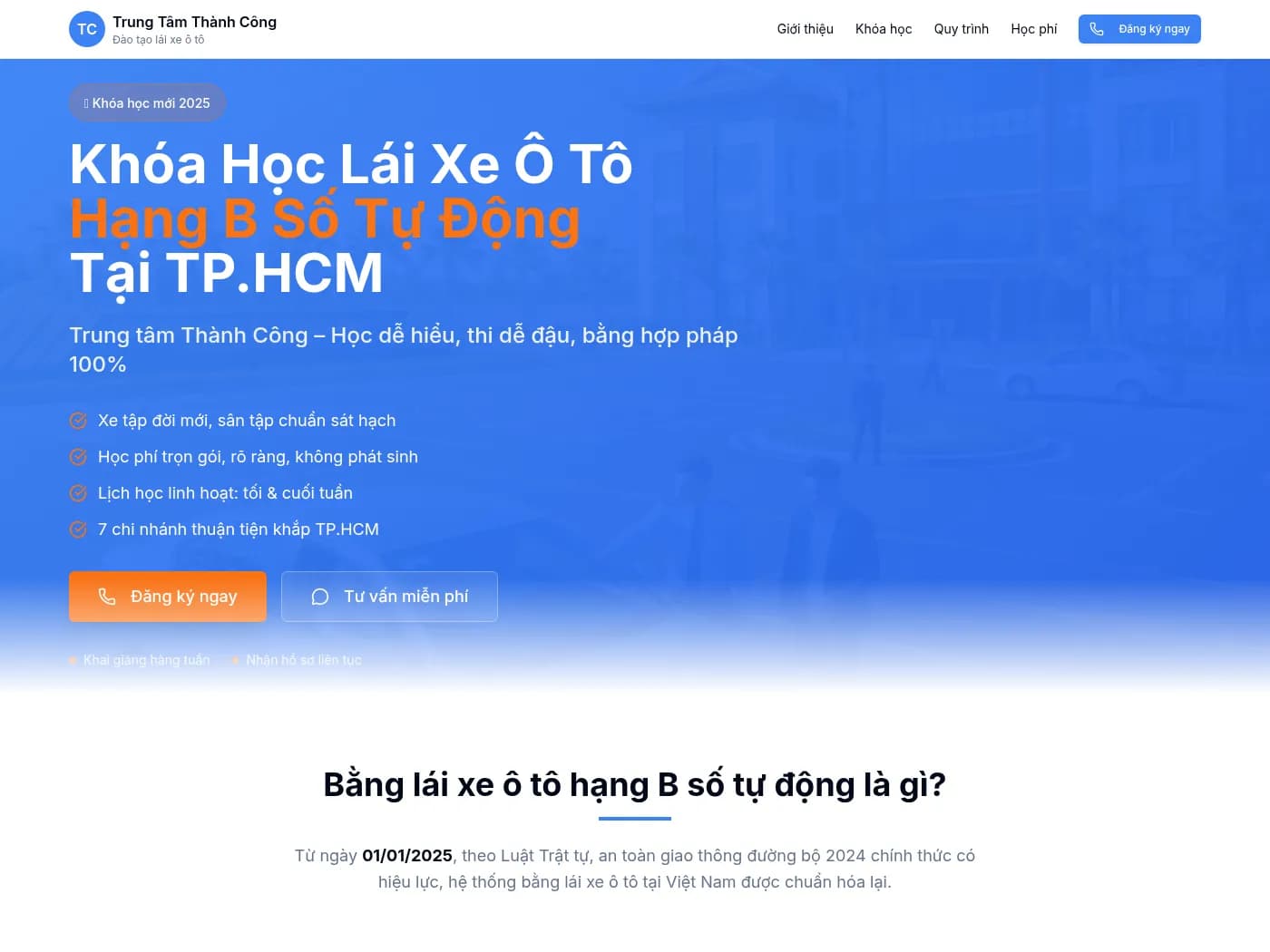 Landing Page Khóa Học Lái Xe Ô Tô Hạng B Số Tự Động - Trung Tâm Thành Công