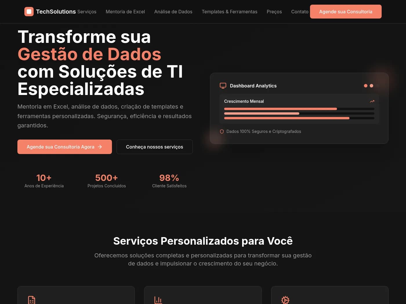 Landing Page Autoritária para Serviços de TI com Design Minimalista e Escuro