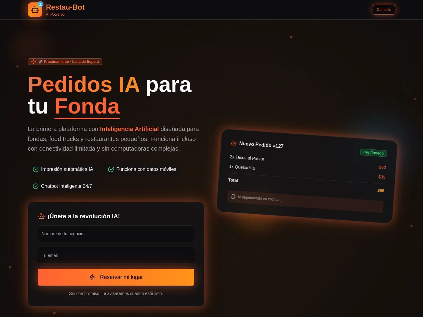 Landing Page para Lista de Espera de SaaS de Pedidos en Línea para Restaurantes