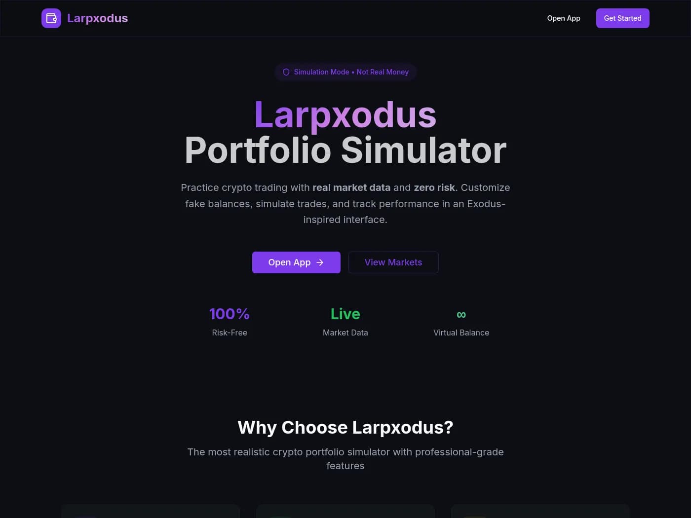 Larpxodus – Polished Crypto Portfolio Simulator & Demo Exchange (Exodus-inspired)