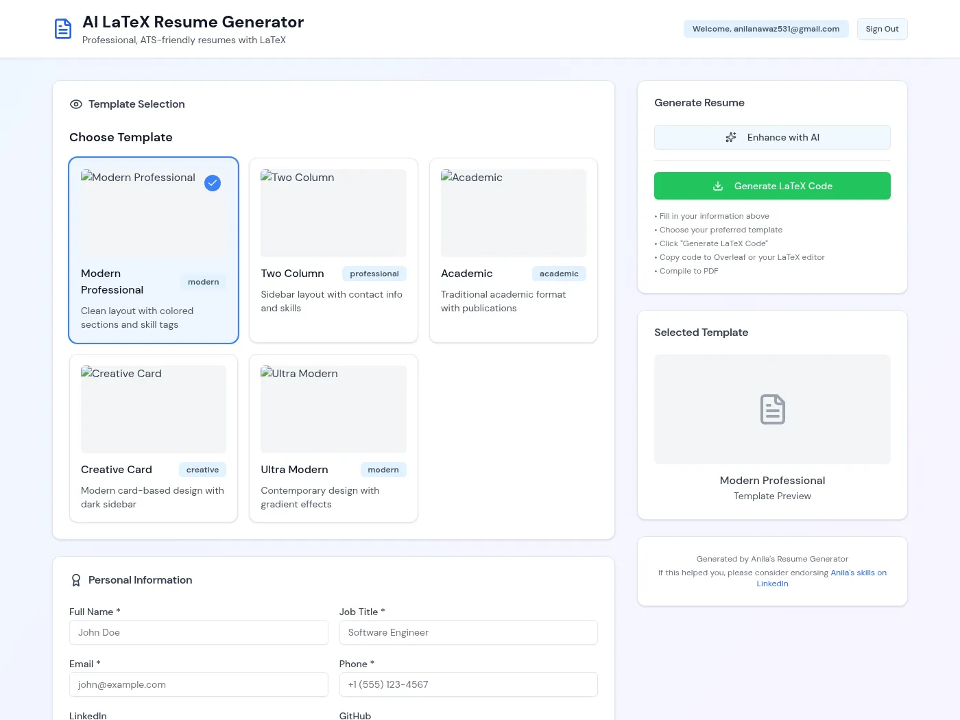 AI LaTeX Resume Generator Web App
